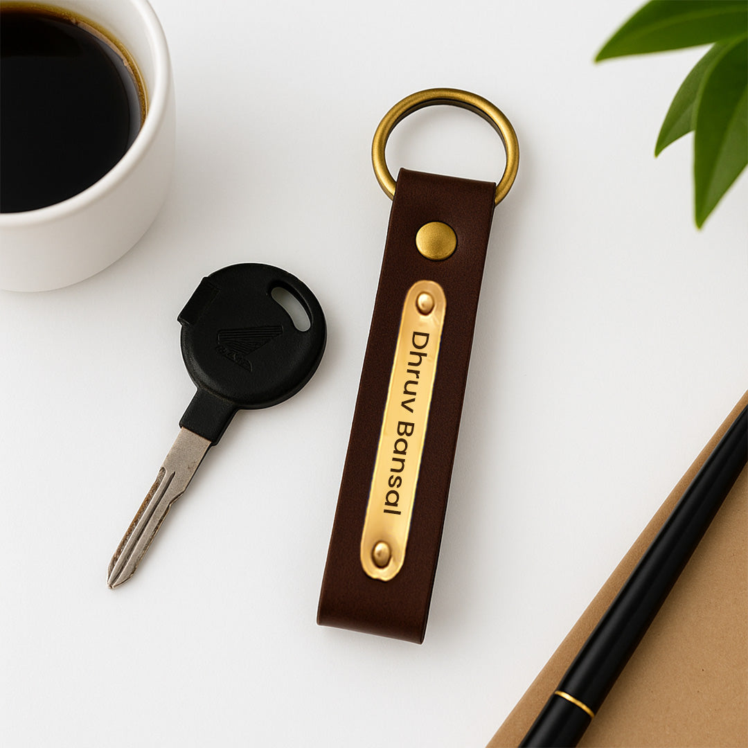 Dark Brown Leather Keychain with Name